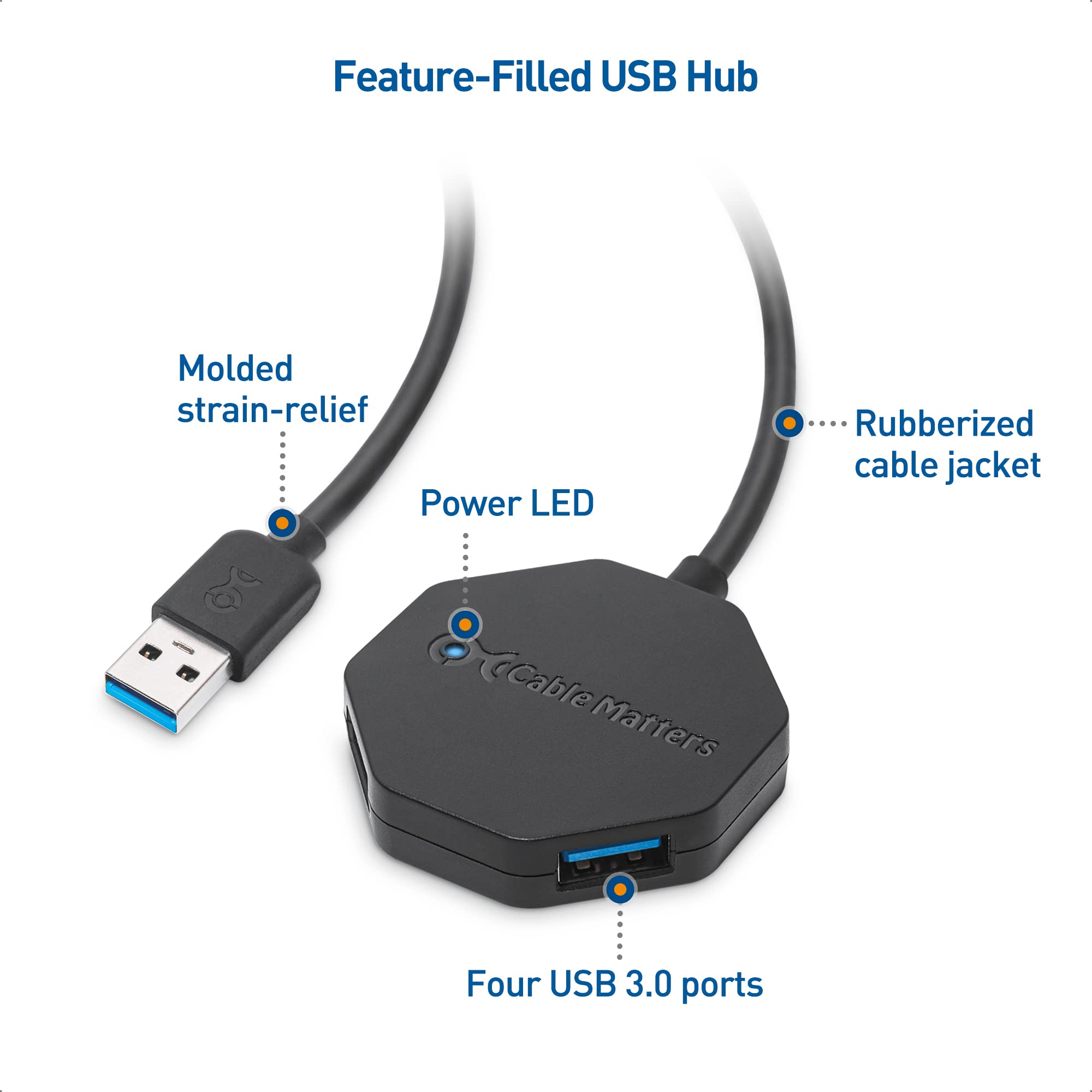 Cable Matters Ultra Mini 4 Port USB Hub with Long 4 ft Extension Cable Tail (USB 3.0 Hub, USB Extension Hub, USB Hub Long Cord, USB Extension Cable Multiple Port) in Black