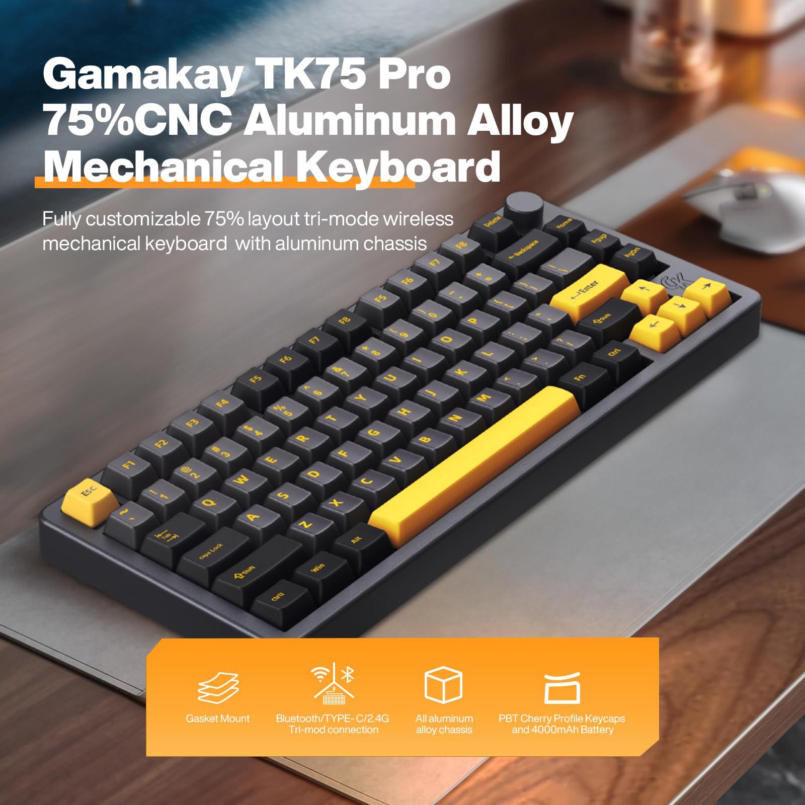 GK GAMAKAY TK75PRO Aluminum Alloy Mechanical Keyboard, Gasket Mounted, Hot Swappable KTT Hyacinth Switch 2.4GHz Wireless BT5.0/USB-C 75% 81 Keys Custom RGB Gaming Keyboard for Win/Mac (Blue)