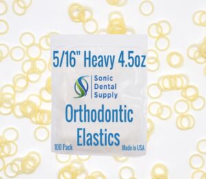 5/16 inch orthodontic elastic rubber bands - 100 pack - natural latex, heavy 4.5 ounce small rubberbands, braces, dreadlocks hair braids, tooth gap, packaging, crafts - sonic dental - made in usa