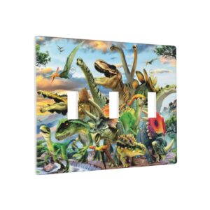 3 gang triple toggle dinosaur light switch wall plate cover kids boys play room decor decorative faceplate cool fun wallplate for playroom playground decorate