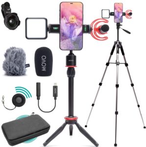 movo ivlog1 vlogging kit for iphone with fullsize tripod - lightning compatible vlog kit - accessories: shotgun mic, tripods, led light, wide-angle lens for youtube starter kit or iphone vlogging kit