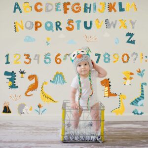 61 pieces cute dinosaur wall stickers enlightenment education numbers abc alphabet wall decals removable peel and stick nursery wall poster mural for kids classroom bedroom playroom living room decor