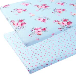 floral pack n play stretchy fitted playard sheet portable mini crib sheets set 2 pack jersey knit ultra soft for baby girl boy blue by knlpruhk