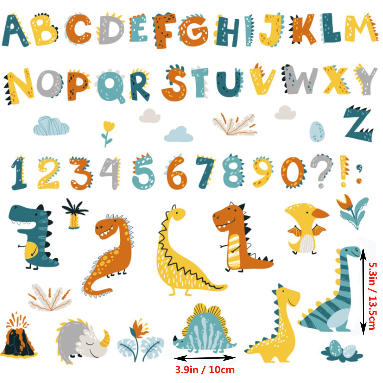 61 Pieces Cute Dinosaur Wall Stickers Enlightenment Education Numbers ABC Alphabet Wall Decals Removable Peel and Stick Nursery Wall Poster Mural for Kids Classroom Bedroom Playroom Living Room Decor