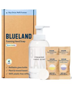 blueland hand soap starter set - 1 refillable glass foaming hand soap dispenser + 4 tablets refills | iris agave scent | eco friendly hand soap | makes 4 x 9 fl oz bottles (36 fl oz total)