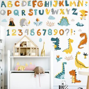 61 Pieces Cute Dinosaur Wall Stickers Enlightenment Education Numbers ABC Alphabet Wall Decals Removable Peel and Stick Nursery Wall Poster Mural for Kids Classroom Bedroom Playroom Living Room Decor