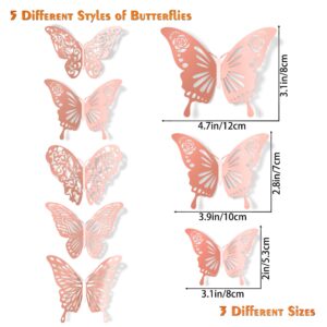 Creative 60PCS Hollow Butterfly Wall Decals 5 Style 3D Butterflies Stickers DIY Removable PVC Refraction Shiny Gold Home Decor for Kids Girl Bedroom Living Room Nursery Playroom Decoration (Rose Gold)