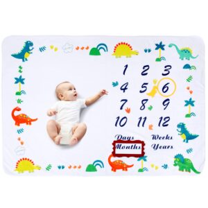 cloele baby monthly milestone blanket - newborn unisex baby age blanket 37"x53" first year calendar growth chart - soft baby month blanket for boy & girl dinosaur photography background blanket white