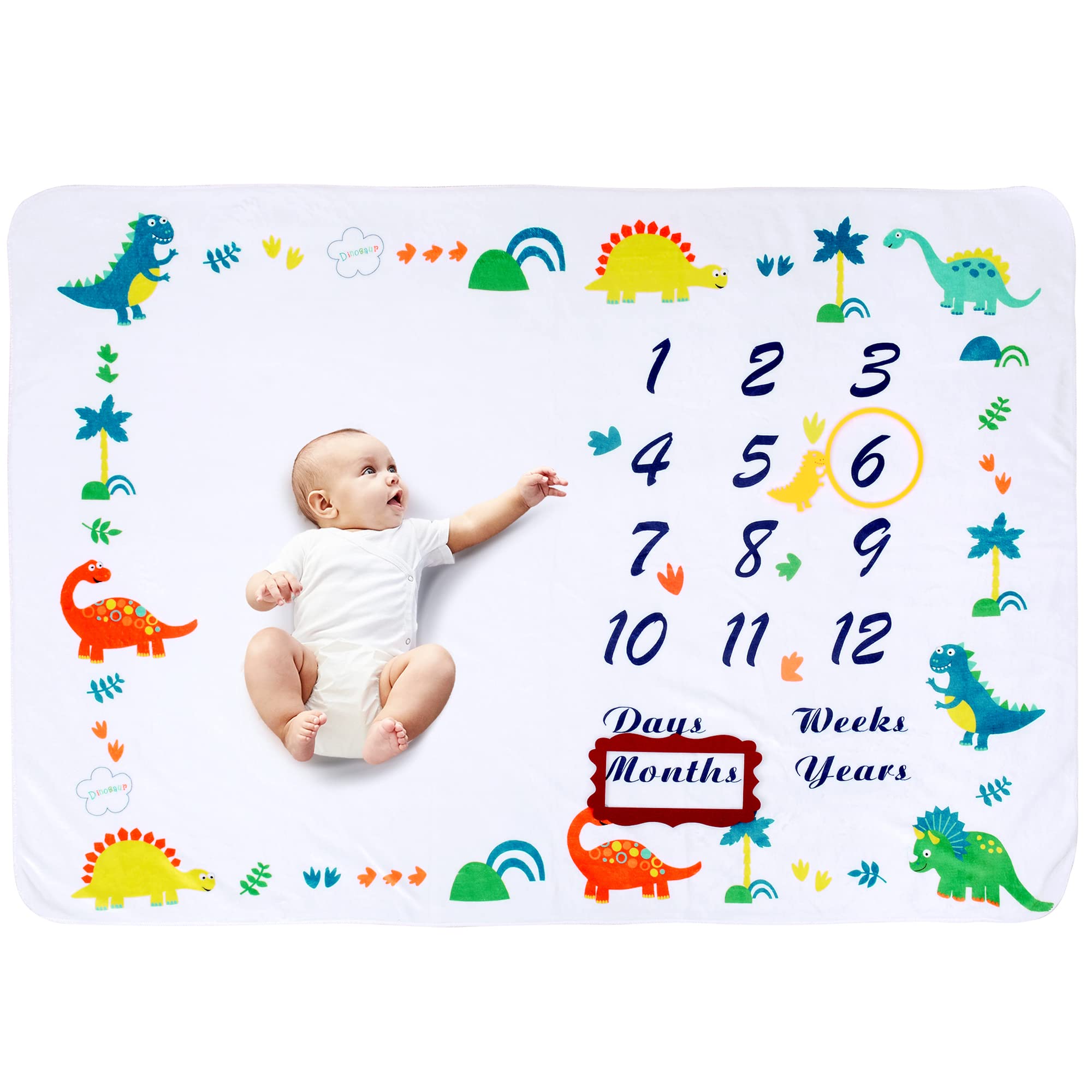 Cloele Baby Monthly Milestone Blanket - Newborn Unisex Baby Age Blanket 37"x53" First Year Calendar Growth Chart - Soft Baby Month Blanket for Boy & Girl Dinosaur Photography Background Blanket White