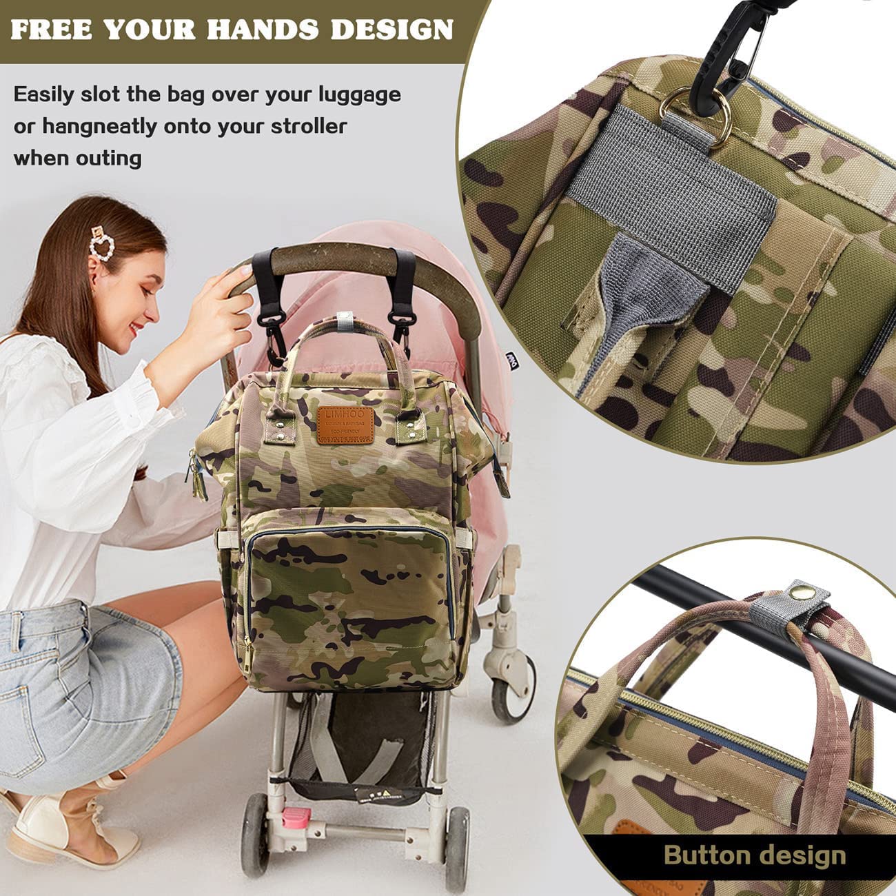 Limhoo Diaper Bag Backpack for Men Dad, Waterproof Large Canvas Camo Nappy Bags, Baby Care Bag (Camo)