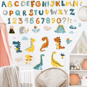 61 Pieces Cute Dinosaur Wall Stickers Enlightenment Education Numbers ABC Alphabet Wall Decals Removable Peel and Stick Nursery Wall Poster Mural for Kids Classroom Bedroom Playroom Living Room Decor