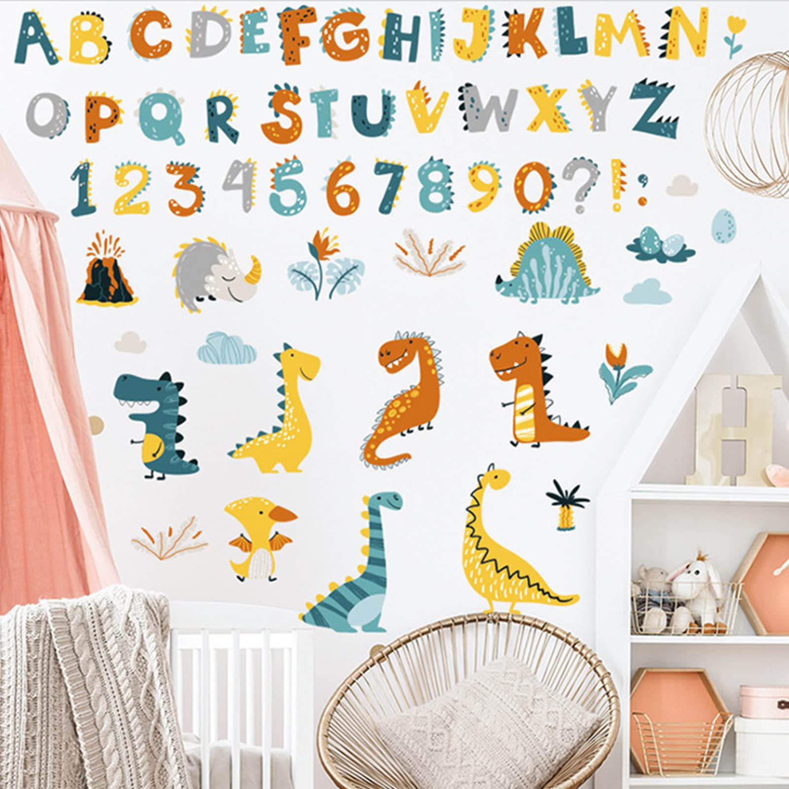 61 Pieces Cute Dinosaur Wall Stickers Enlightenment Education Numbers ABC Alphabet Wall Decals Removable Peel and Stick Nursery Wall Poster Mural for Kids Classroom Bedroom Playroom Living Room Decor