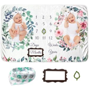 vlokup twins baby milestone blanket for boys & girls, premium flannel photography background prop blankets, neutral boho floral…