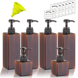 amorettise 6 pack shampoo and conditioner dispenser bottles - 4 pack 22 ounce and 2 pack 8 ounce refillable square plastic pump bottles shower soap dispenser for shampoo conditioner body wash (amber)