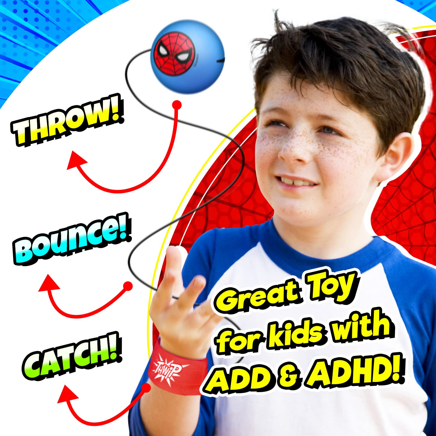 JA-RU Marvel Spiderman Sports Wrist Bounce Back Balls (1Unit) Returning Bouncy Ball Toys, Foam String Attached Rebound. Stuffers Kids & Adults Fidget Stress Toy 6820-1