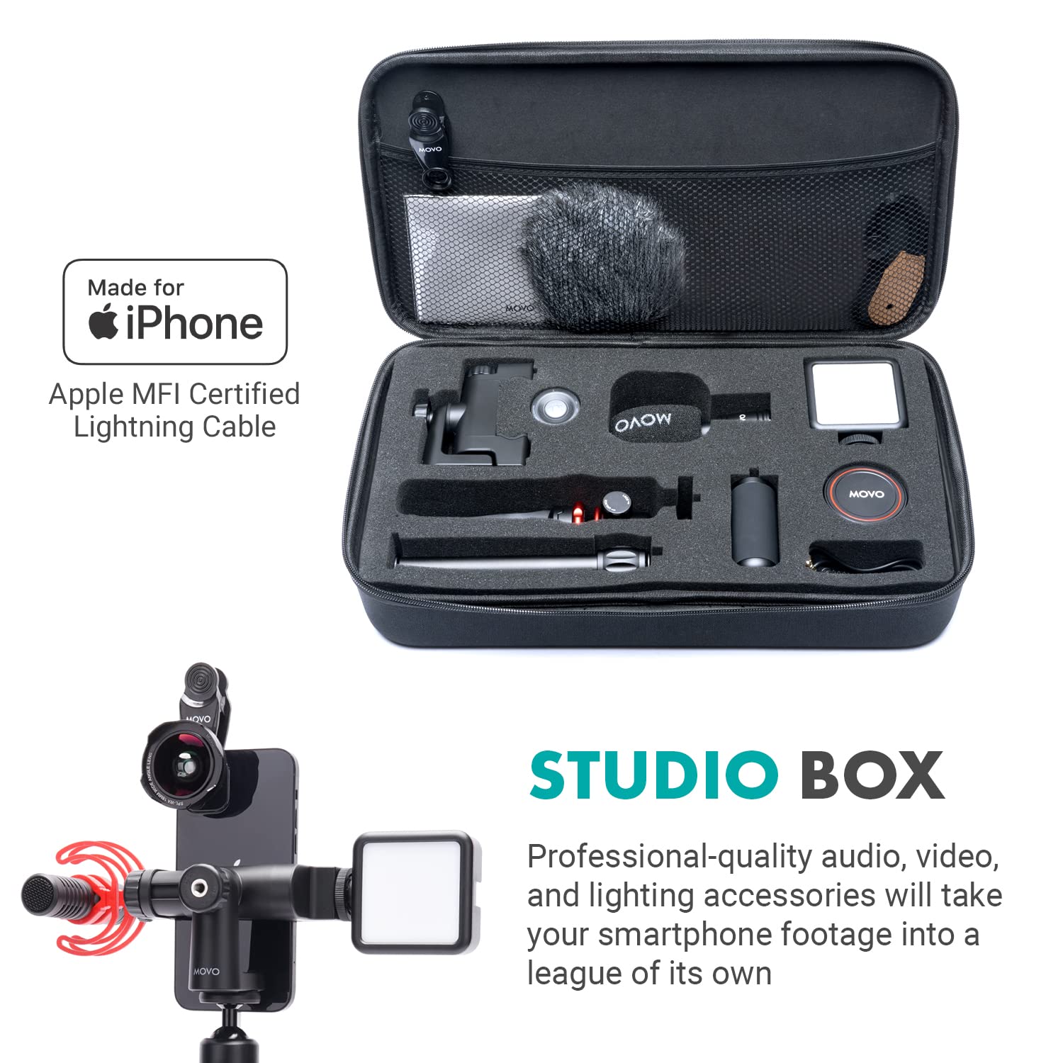 Movo iVlog1 Vlogging Kit for iPhone with Fullsize Tripod - Lightning Compatible Vlog Kit - Accessories: Shotgun Mic, Tripods, LED Light, Wide-Angle Lens for YouTube Starter Kit or iPhone Vlogging Kit