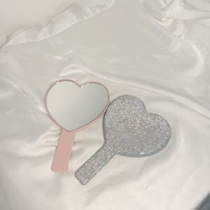 TISHAA Bling Rhinestone Adorable Heart Dazzling Handheld Mirror, Perfect for Makeup Touchup On The Go (Pink)