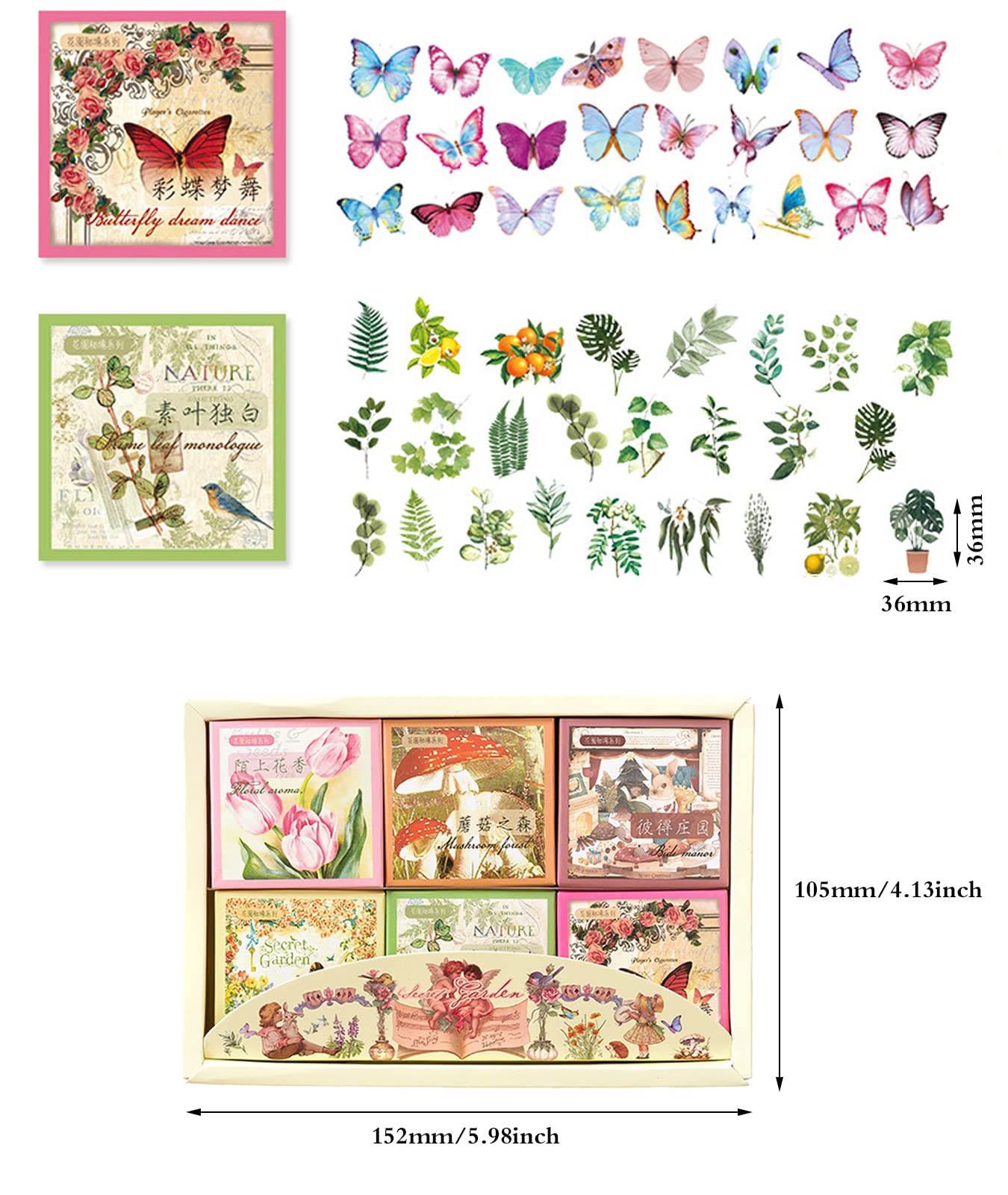 Cute Scrapbook Stickers Pack（300 Pieces）Butterfly Mushroom Flower Angel Peter Rabbit Small Size Decal Seals Set for Planner,Bullet Journaling,Junk Journal,Retro Crafts,Decoupage Stationary Supplies(Secret Garden)