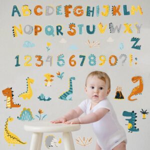 61 Pieces Cute Dinosaur Wall Stickers Enlightenment Education Numbers ABC Alphabet Wall Decals Removable Peel and Stick Nursery Wall Poster Mural for Kids Classroom Bedroom Playroom Living Room Decor