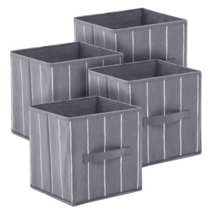 deconovo set of 4 foldable storage bins, 10.5x10.5x11 inch, cube storage organizer with dual handle for kids room, nursery (set of 4, grey, stripe pattern)