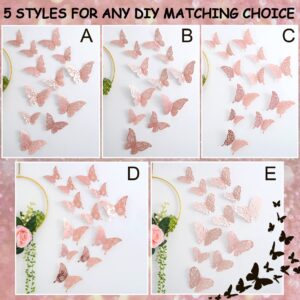 Creative 60PCS Hollow Butterfly Wall Decals 5 Style 3D Butterflies Stickers DIY Removable PVC Refraction Shiny Gold Home Decor for Kids Girl Bedroom Living Room Nursery Playroom Decoration (Rose Gold)