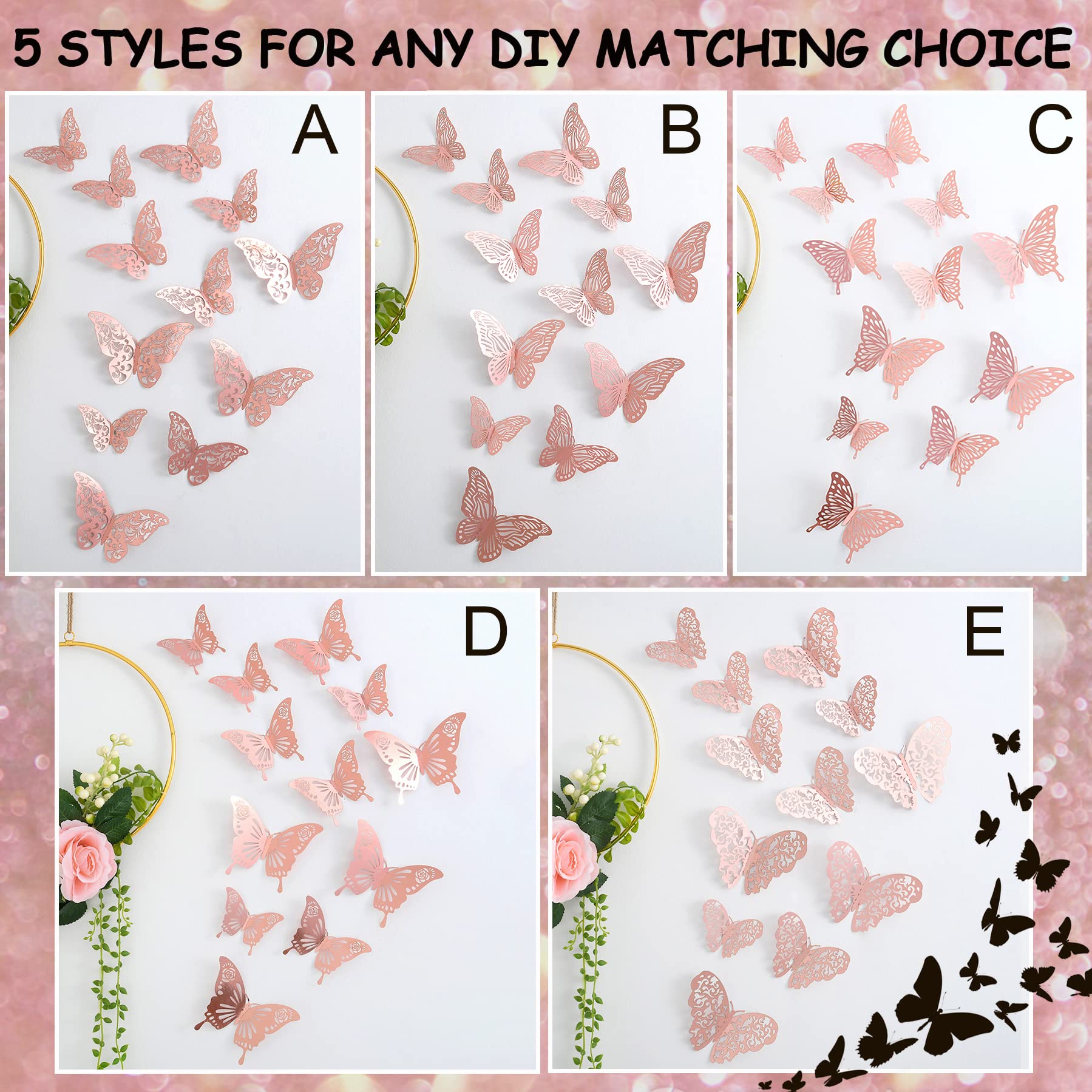 Creative 60PCS Hollow Butterfly Wall Decals 5 Style 3D Butterflies Stickers DIY Removable PVC Refraction Shiny Gold Home Decor for Kids Girl Bedroom Living Room Nursery Playroom Decoration (Rose Gold)