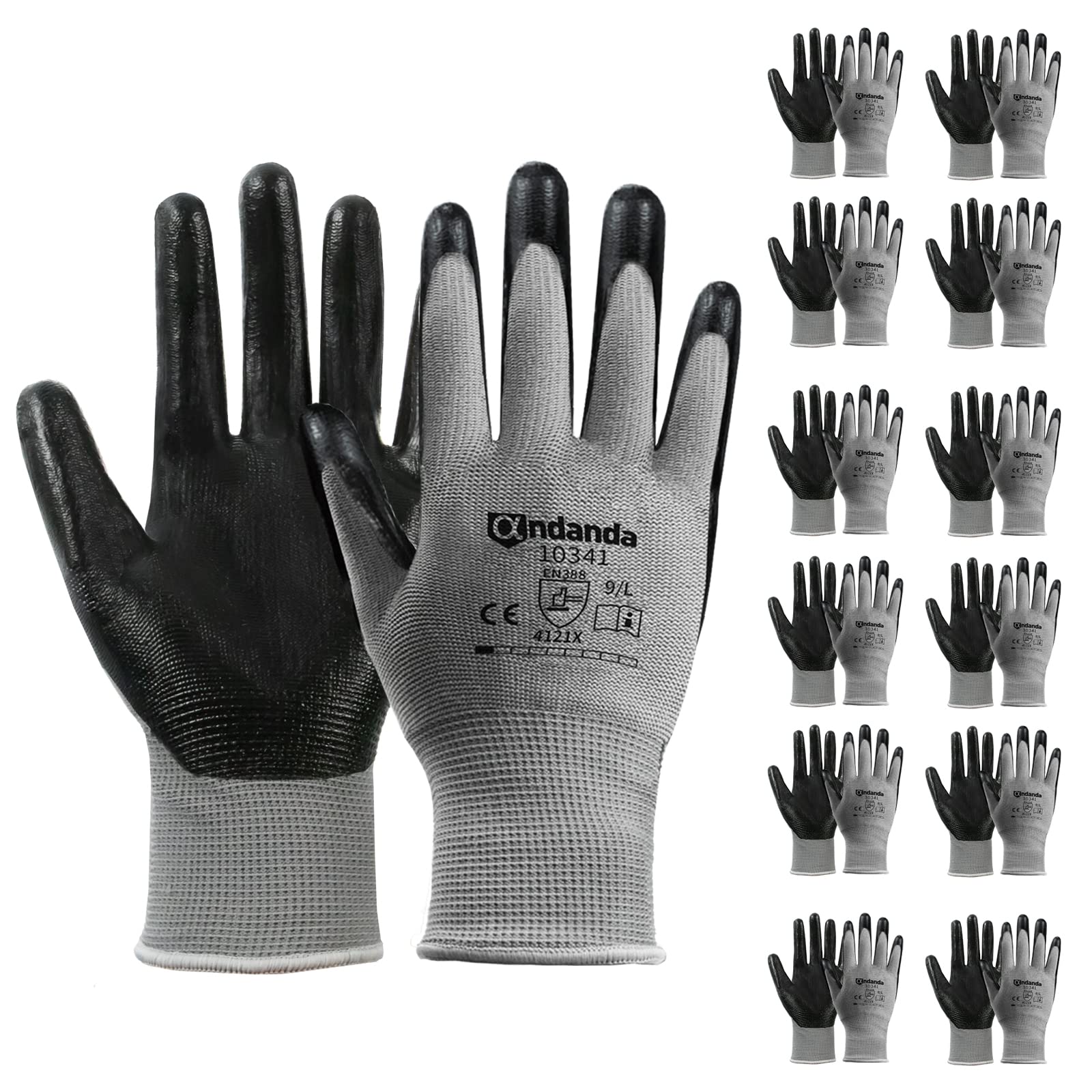 ANDANDA 12 Pairs Work Gloves, Smart Touch, 3D Comfort Stretch Fit, Nitrile Coated Work Gloves with Grip, Seamless Knit Nylon Work Gloves Men Suitable for Warehousing, Logistics, Handling, Black（XL）