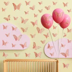 Creative 60PCS Hollow Butterfly Wall Decals 5 Style 3D Butterflies Stickers DIY Removable PVC Refraction Shiny Gold Home Decor for Kids Girl Bedroom Living Room Nursery Playroom Decoration (Rose Gold)