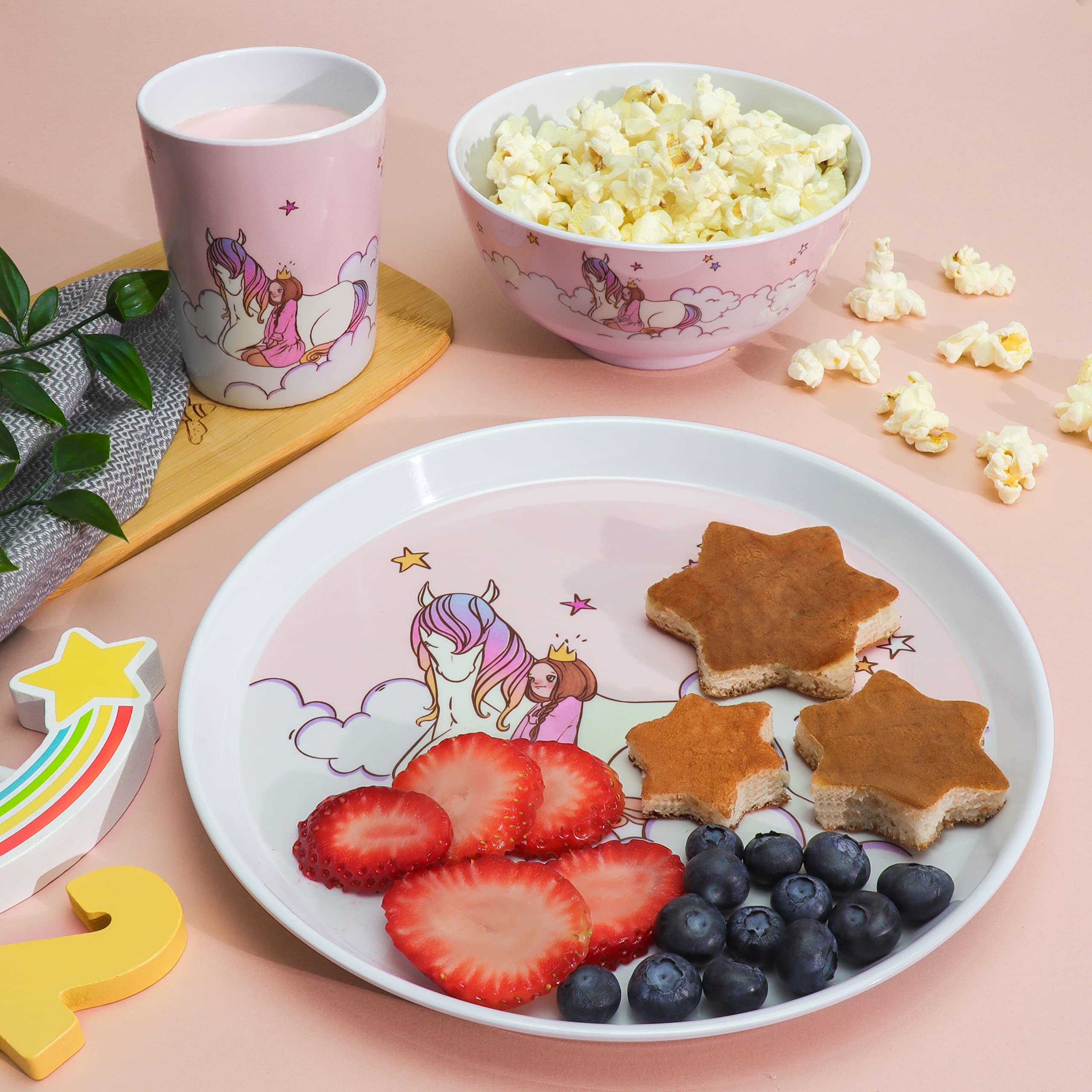 Kiz Designs Unicorn Children Dishes – Premium Melamine kids Dinnerware Set with Cup, Bowl, feeding Plate –Non-BPA and Dishwasher Safe (Multicolor)