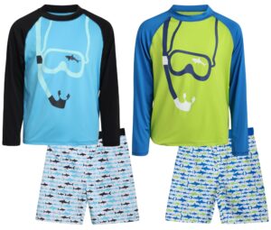 ixtreme boys' rash guard set - 4 piece upf 50+ swim trunks and long sleeve swim shirt (12m-14), size 7, royal/black shark