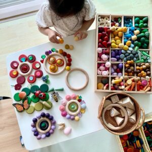 Large Set Full Rainbow Color Style Wooden Loose Parts Sensory Play Toys, Mandala 7 Shapes, 27 Colors, Stacker Nesting Toys Parts(81 PCS)…