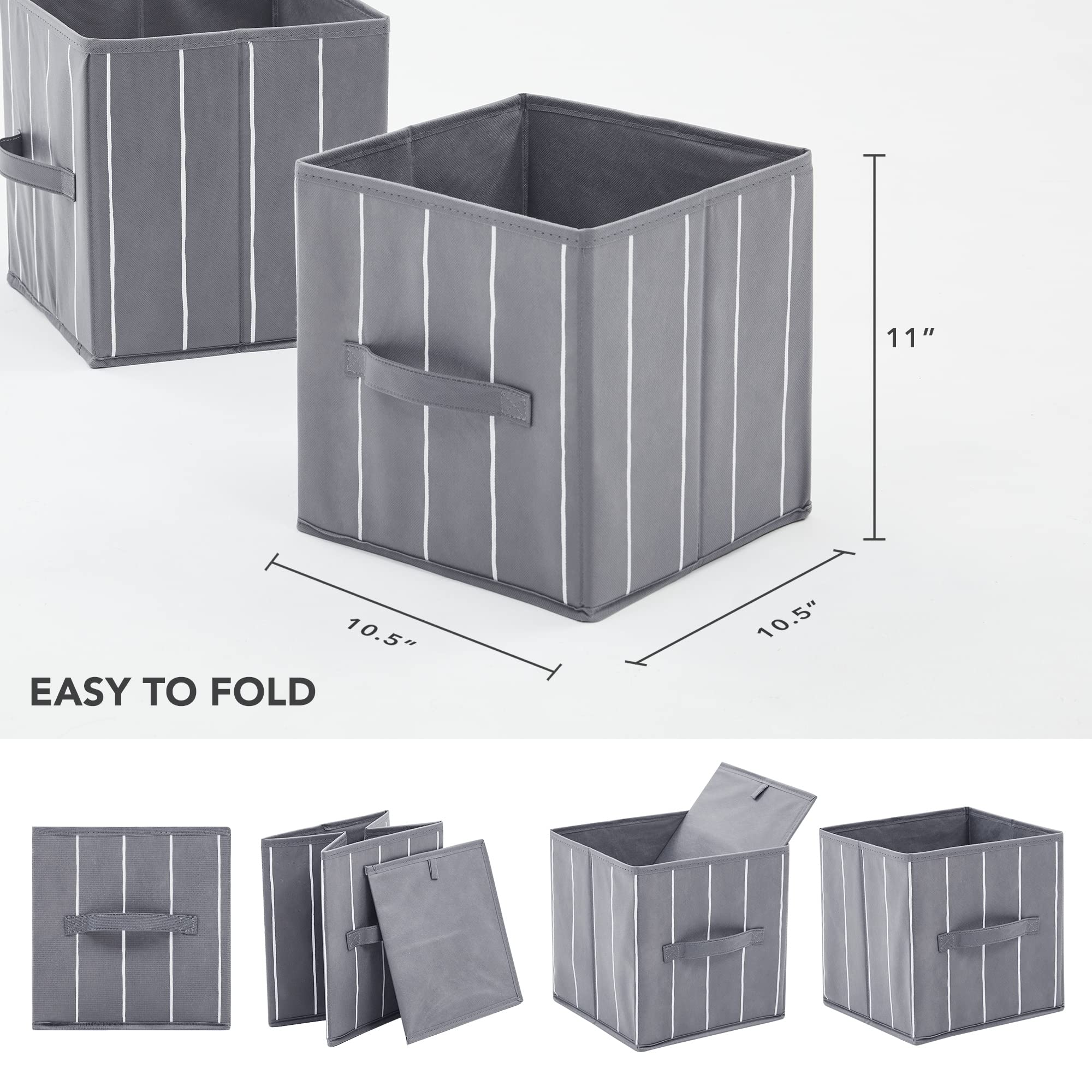 Deconovo Set of 4 Foldable Storage Bins, 10.5x10.5x11 Inch, Cube Storage Organizer with Dual Handle for Kids Room, Nursery (Set of 4, Grey, Stripe Pattern)