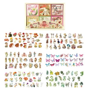 cute scrapbook stickers pack（300 pieces）butterfly mushroom flower angel peter rabbit small size decal seals set for planner,bullet journaling,junk journal,retro crafts,decoupage stationary supplies(secret garden)