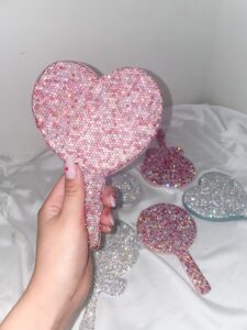 tishaa bling rhinestone adorable heart dazzling handheld mirror, perfect for makeup touchup on the go (pink)