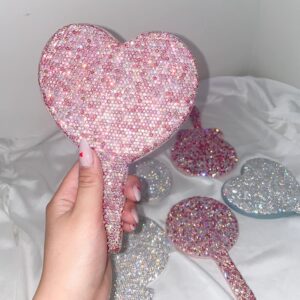 TISHAA Bling Rhinestone Adorable Heart Dazzling Handheld Mirror, Perfect for Makeup Touchup On The Go (Pink)