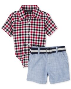 the children's place baby boys sleeve button down and shorts 2-piece set 2-pack, americana gingham, 3-6 months