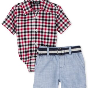 The Children's Place Baby Boys Sleeve Button Down and Shorts 2-Piece Set 2-Pack, Americana Gingham, 3-6 Months