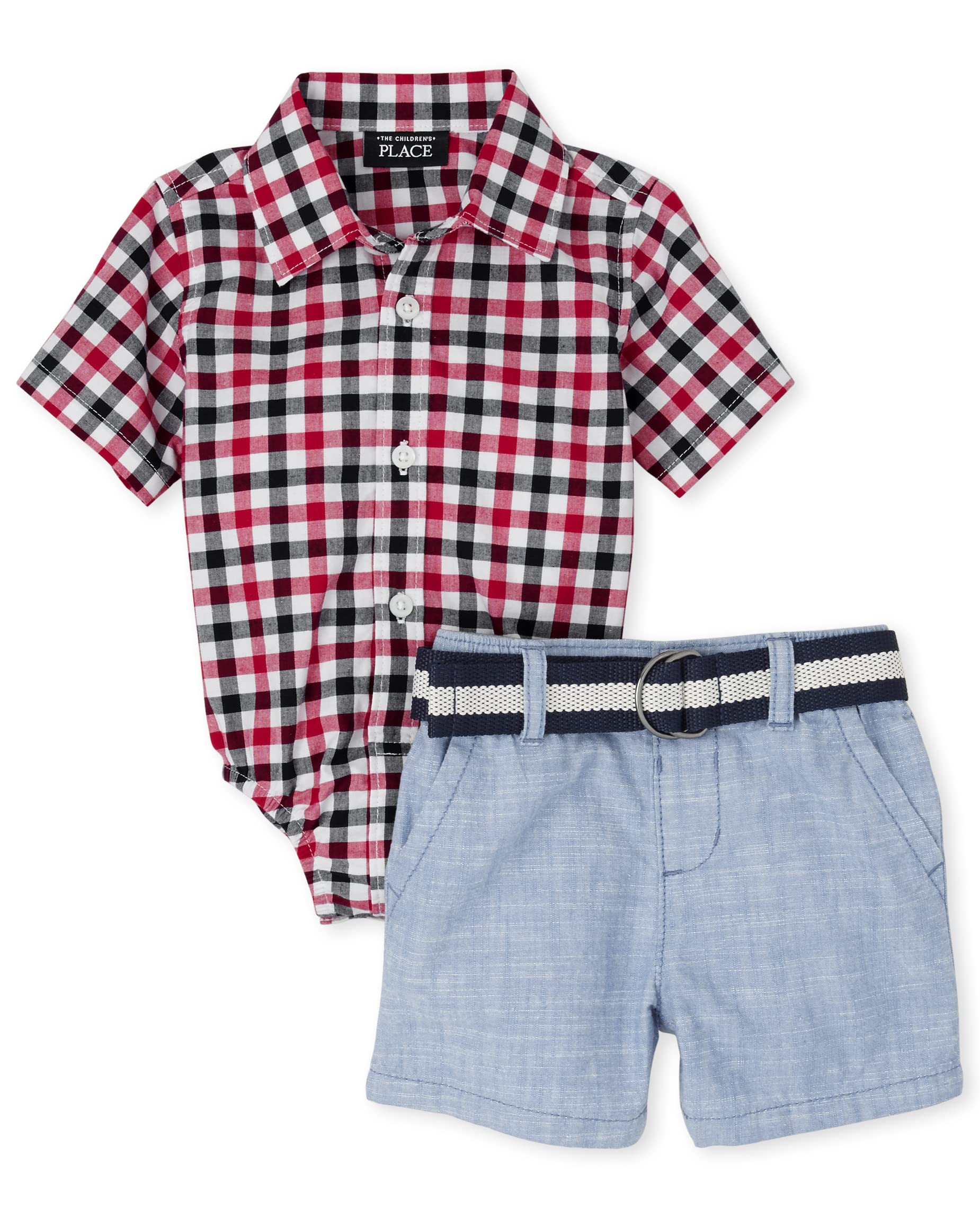 The Children's Place Baby Boys Sleeve Button Down and Shorts 2-Piece Set 2-Pack, Americana Gingham, 3-6 Months