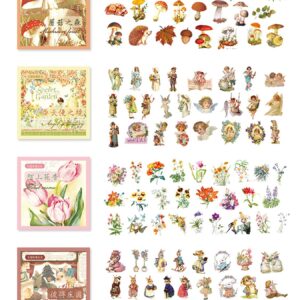 Cute Scrapbook Stickers Pack（300 Pieces）Butterfly Mushroom Flower Angel Peter Rabbit Small Size Decal Seals Set for Planner,Bullet Journaling,Junk Journal,Retro Crafts,Decoupage Stationary Supplies(Secret Garden)