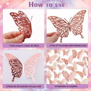 Creative 60PCS Hollow Butterfly Wall Decals 5 Style 3D Butterflies Stickers DIY Removable PVC Refraction Shiny Gold Home Decor for Kids Girl Bedroom Living Room Nursery Playroom Decoration (Rose Gold)