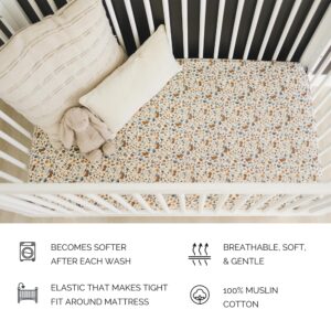 Harvest Floral Muslin Crib Sheet by Mebie Baby, Soft and Breathable Bed Sheets for Babies, Modern Neutral Bedding for Cribs, Standard Crib Mattress Fitted Sheet, Great for Boy or Girl Room or Nursery