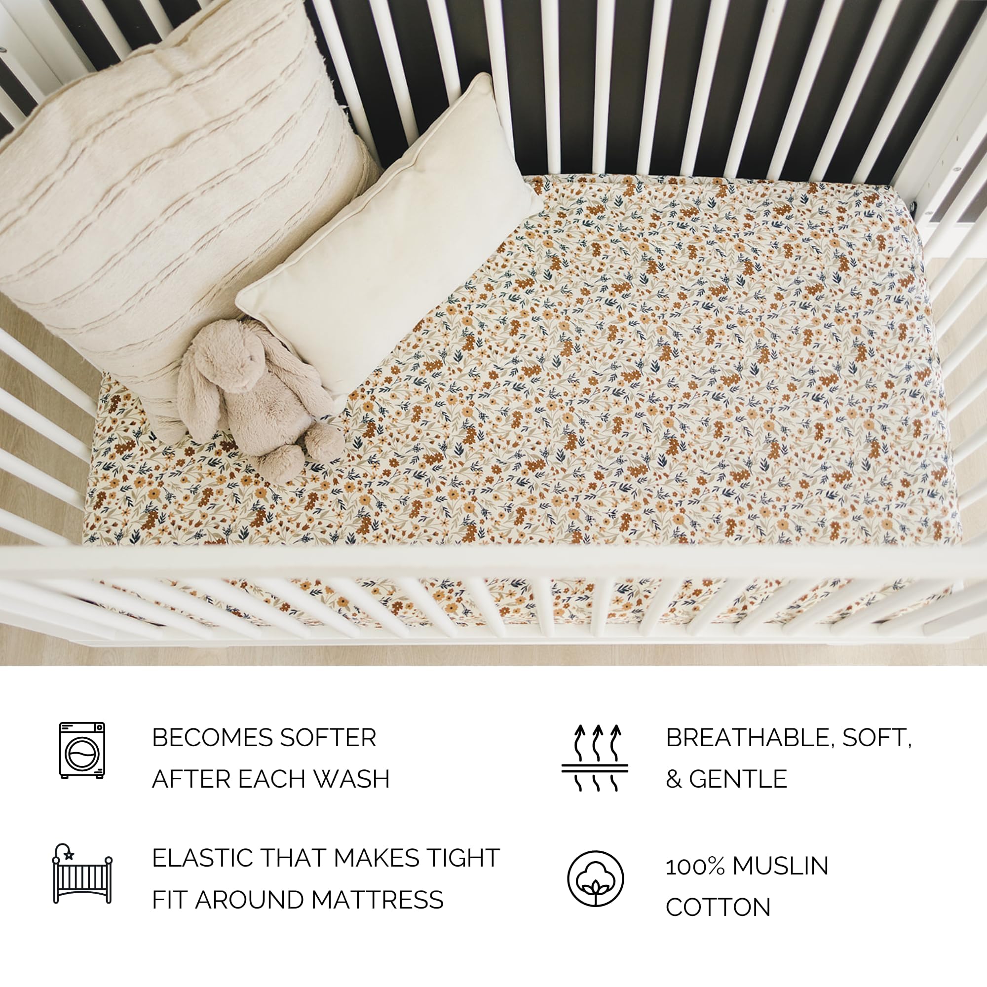 Harvest Floral Muslin Crib Sheet by Mebie Baby, Soft and Breathable Bed Sheets for Babies, Modern Neutral Bedding for Cribs, Standard Crib Mattress Fitted Sheet, Great for Boy or Girl Room or Nursery