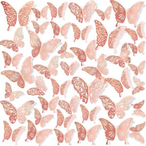 creative 60pcs hollow butterfly wall decals 5 style 3d butterflies stickers diy removable pvc refraction shiny gold home decor for kids girl bedroom living room nursery playroom decoration (rose gold)