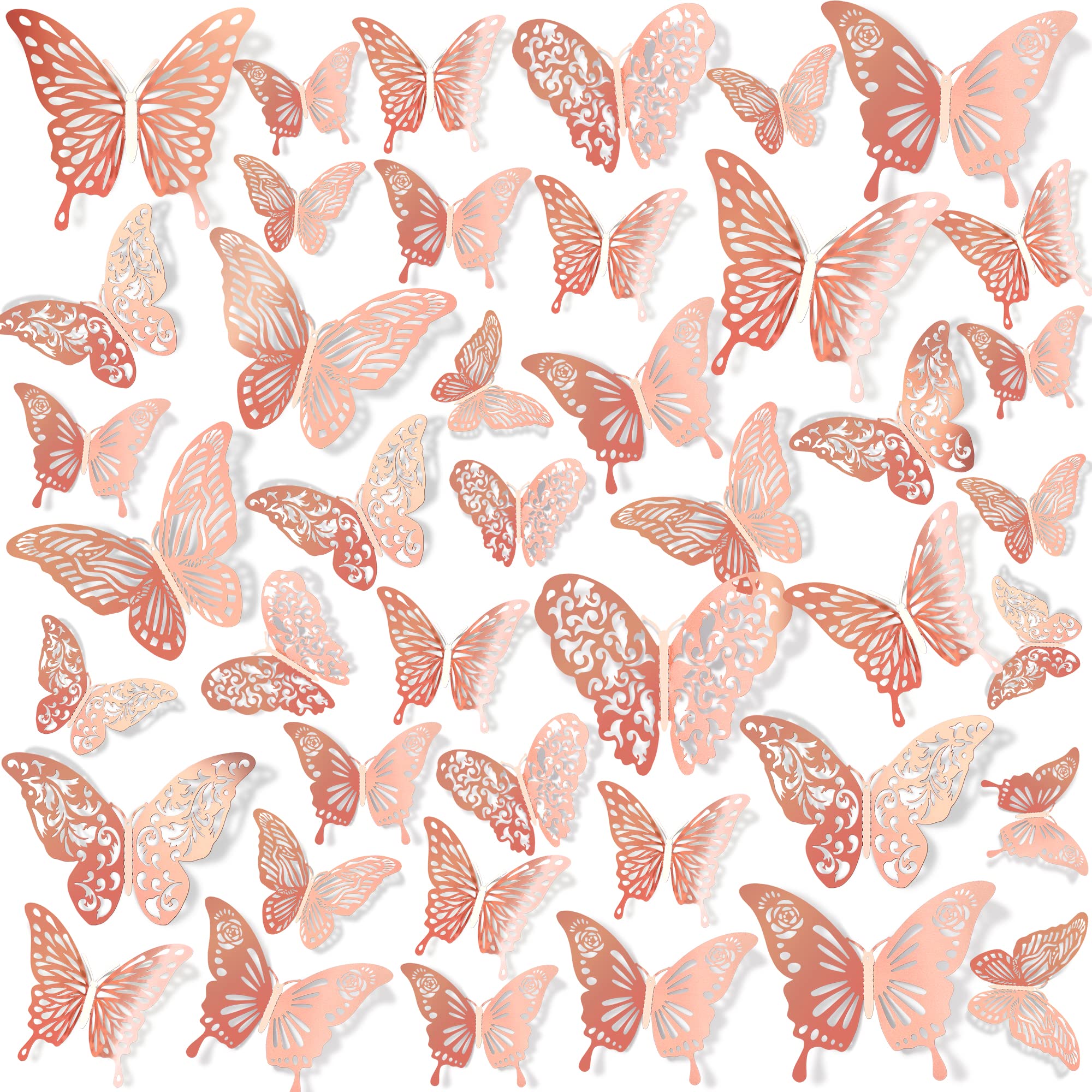 Creative 60PCS Hollow Butterfly Wall Decals 5 Style 3D Butterflies Stickers DIY Removable PVC Refraction Shiny Gold Home Decor for Kids Girl Bedroom Living Room Nursery Playroom Decoration (Rose Gold)