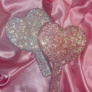 TISHAA Bling Rhinestone Adorable Heart Dazzling Handheld Mirror, Perfect for Makeup Touchup On The Go (Pink)