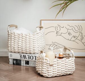 art pinecone handmade thick cotton rope basket | woven storage basket | basket organizer | woven basket | home storage | home decor storage (white & red, 18"*16")