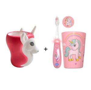 lily's home kids toothbrush with flashing timer with a cup, toothbrush cover and toothbrush holder. unicorn