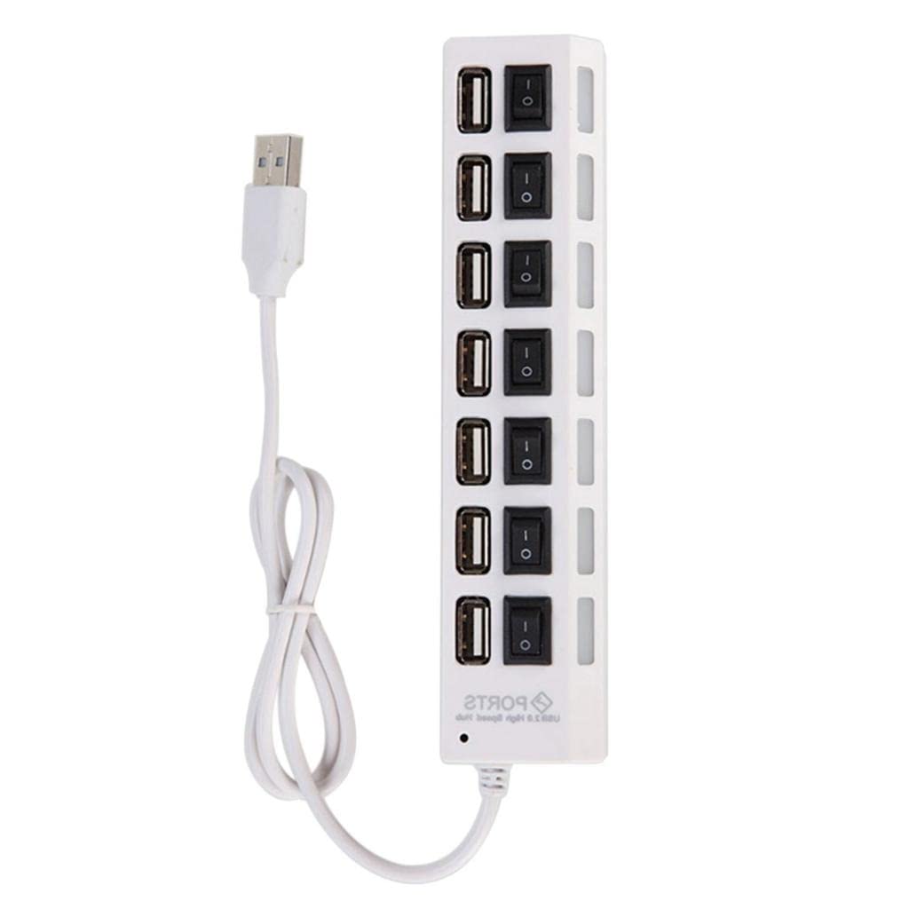 Cotchear Multi 7 Port USB Hub USB 2.0 Adapter Hub with Individual On/Off Switch and LED (White)