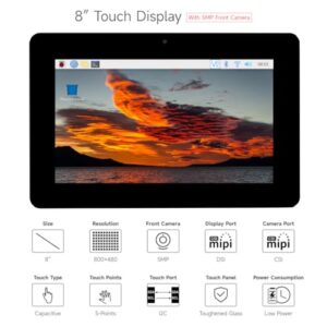 waveshare 8inch Capacitive Touch Display Compatible with Raspberry Pi 5/4B/3B+/3A+/3B/2B/B+/A+/CM3/3+/4 800×480 Resolution with 5MP Front Camera DSI Interface