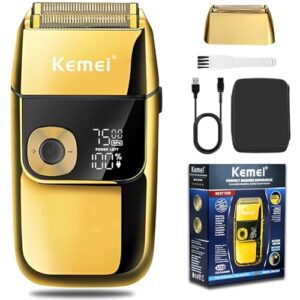 kemei electric razors for men, lcd display cordless men's razors, usb rechargeable with pop-up beard trimmer best worldwide travel gift, model km 2028, gold